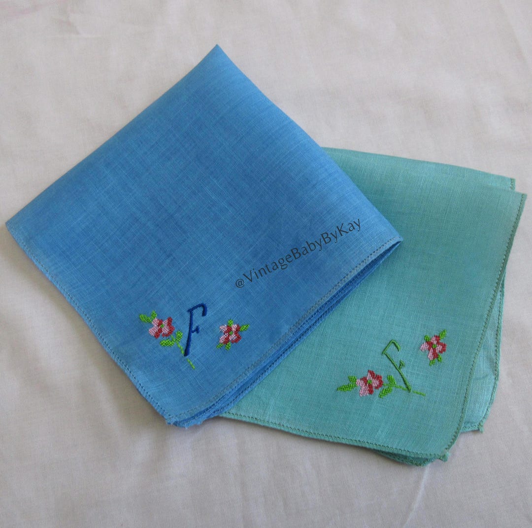 F Monogram Blue OR Green Linen Hanky With Pink Green Petit Point ...