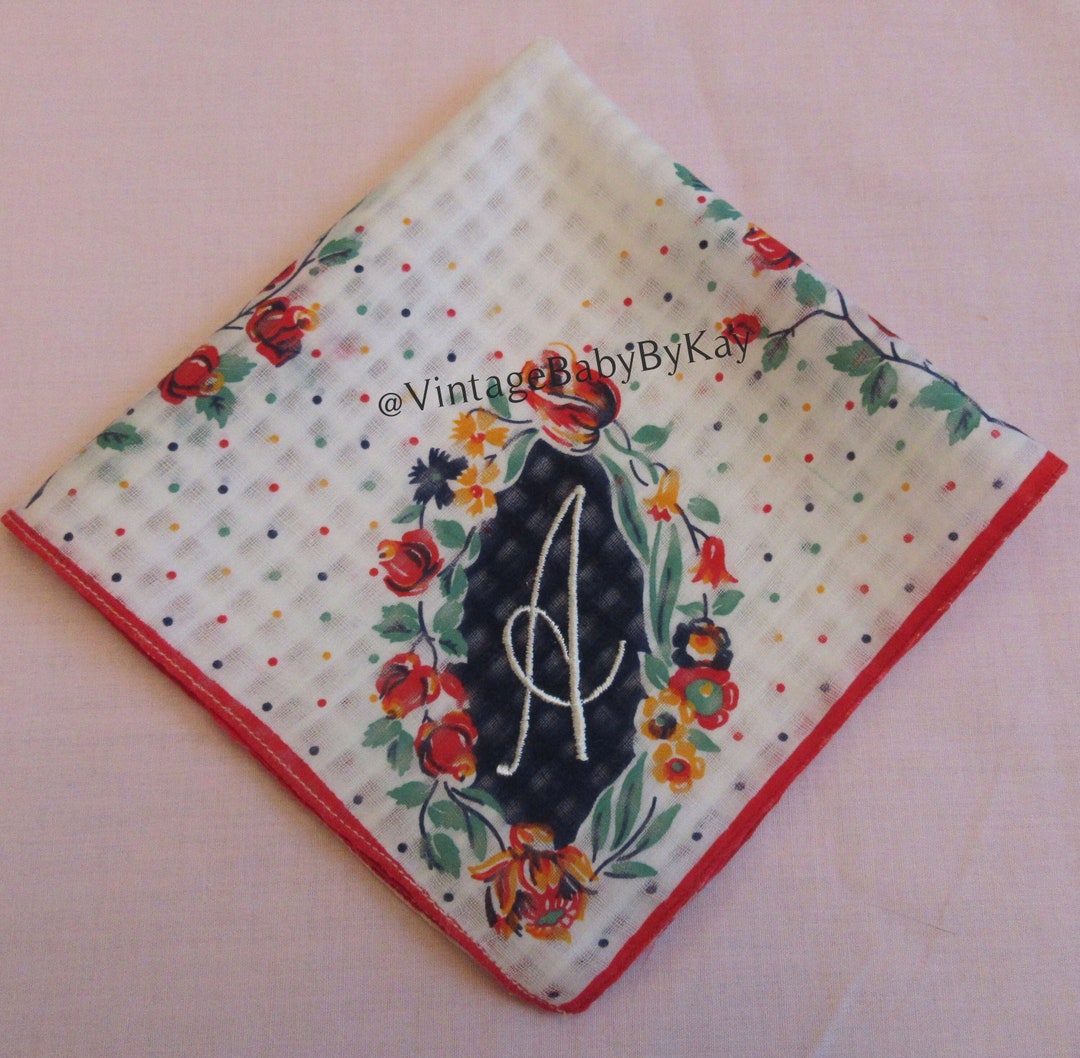 A Monogram Vintage White Hanky Blue Red Print Handkerchief With ...