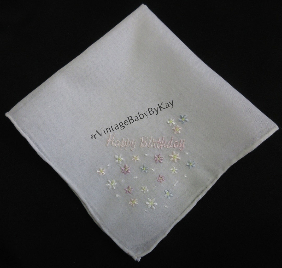 Happy Birthday Hanky Sheer White Handkerchief Dainty Pastel Embroidery, Pink Blue Lavender ...