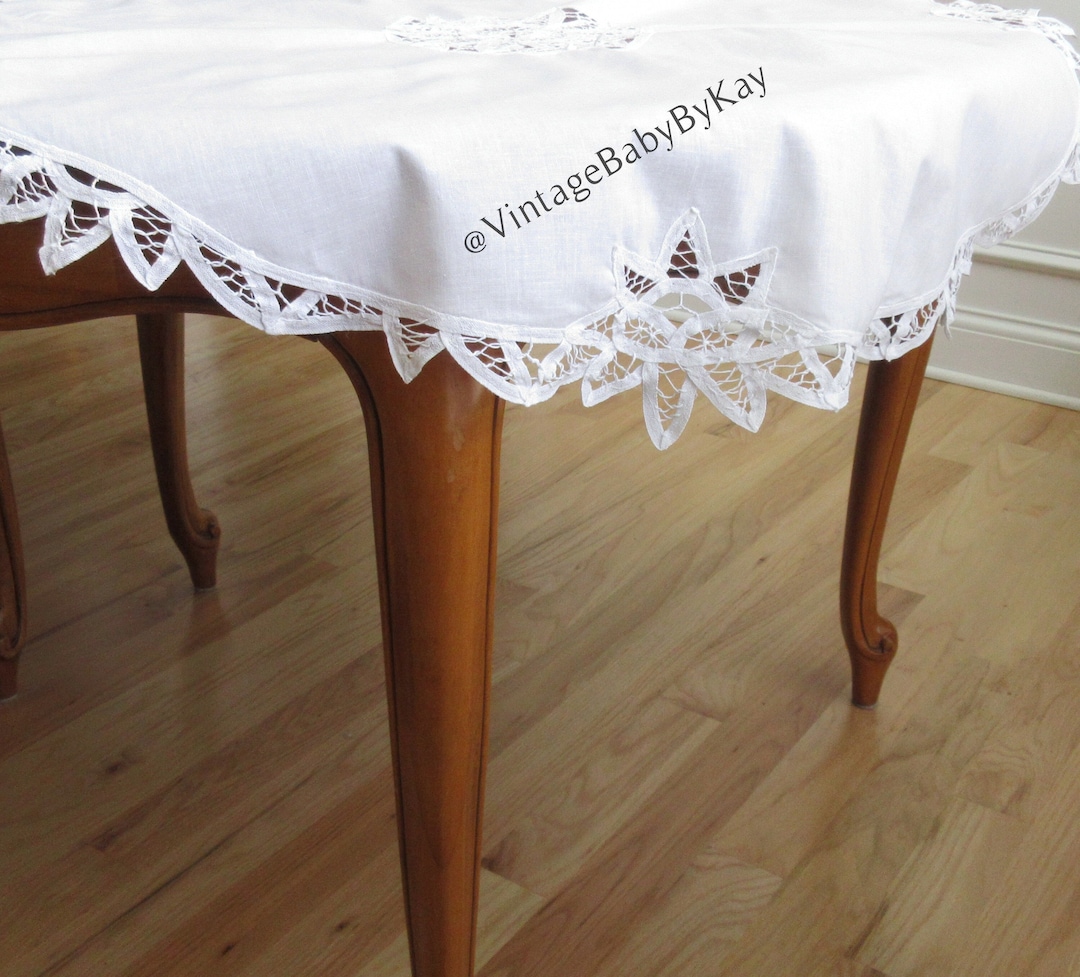 White Battenburg Lace Tablecloth Vintage Round 33.5, All Cotton Elegant ...