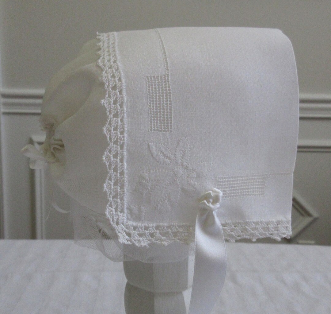 Heirloom Hanky Bonnet White Linen W Beautiful Crochet & Madeira ...