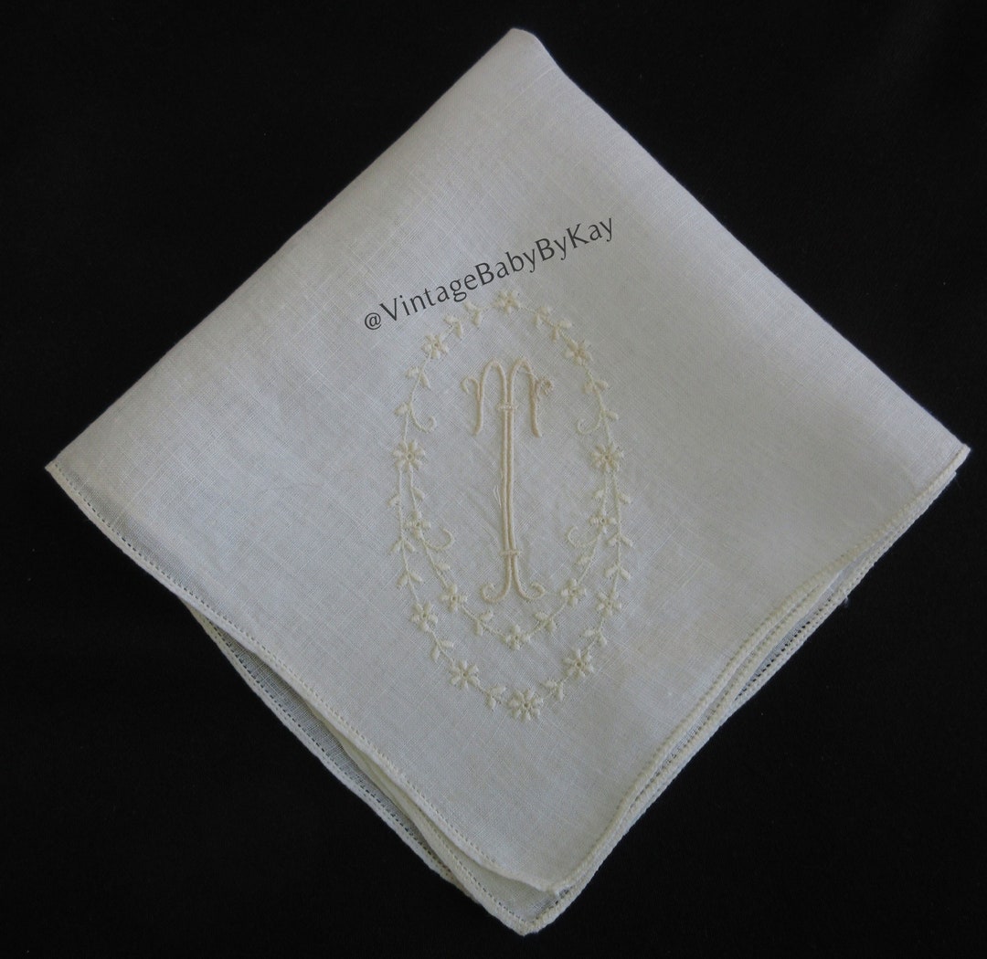T Monogram Hanky Vintage Pale Cream Embroidery on White Linen Wedding ...