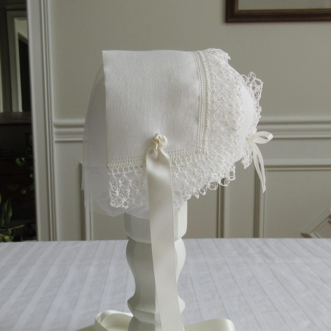 Large Heirloom Hanky Bonnet Pale Ivory Linen With Wide Crochet ...