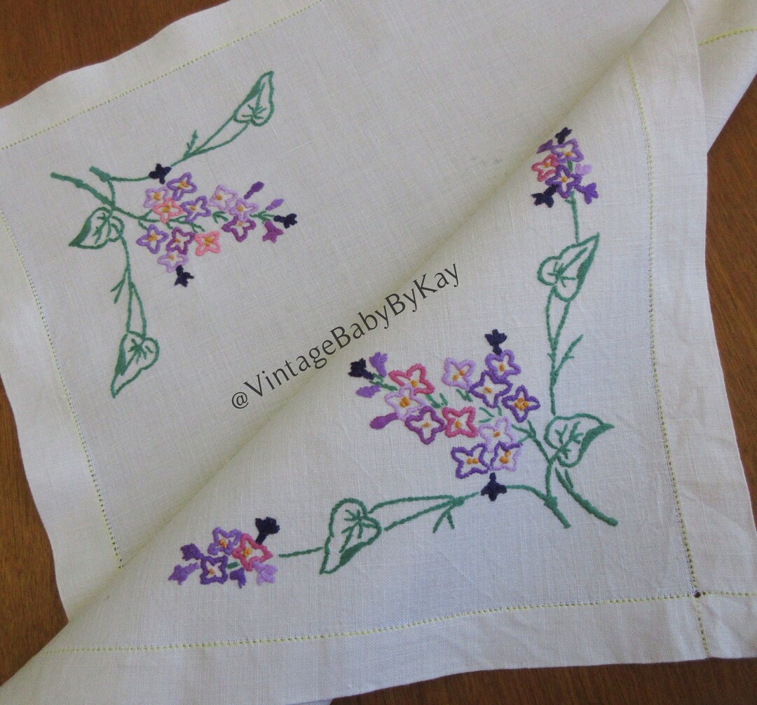 Embroidered Table Topper Bright Colors on Cream Linen, Purple Green ...