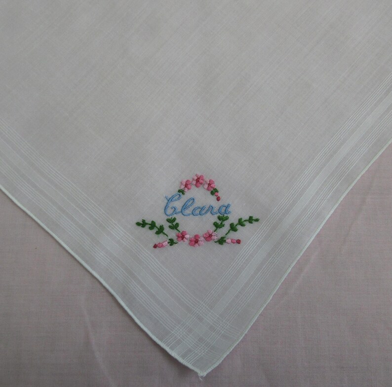 Clara Monogram Vintage White Hanky Embroidered Blue Pink Green, Wedding ...