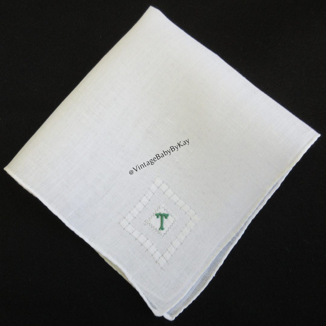 T Monogram Hanky White Linen Green Embroidery With Hemstitching ...