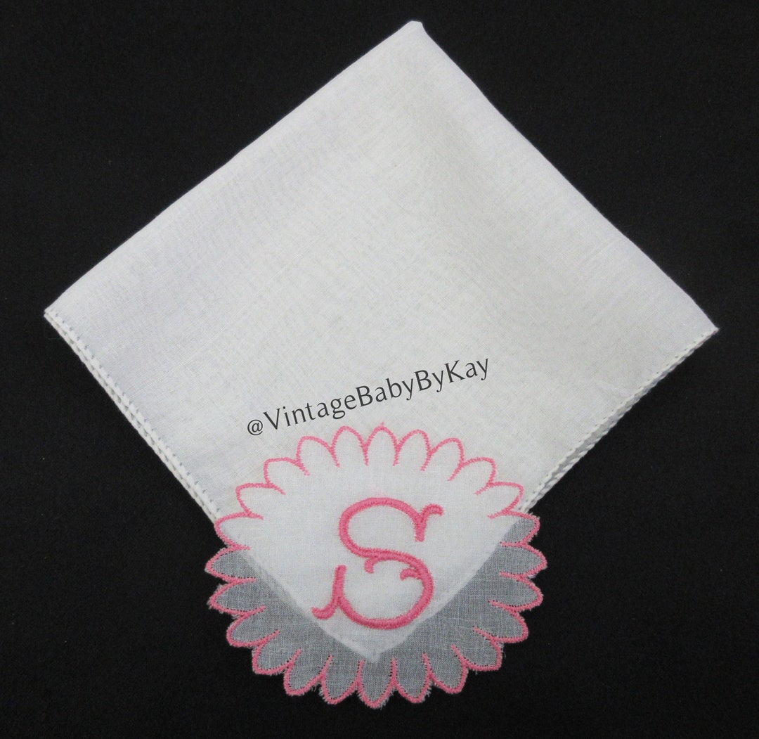S Monogram Vintage White Cotton Hanky Pink Embroidery Floral Shape 3D ...
