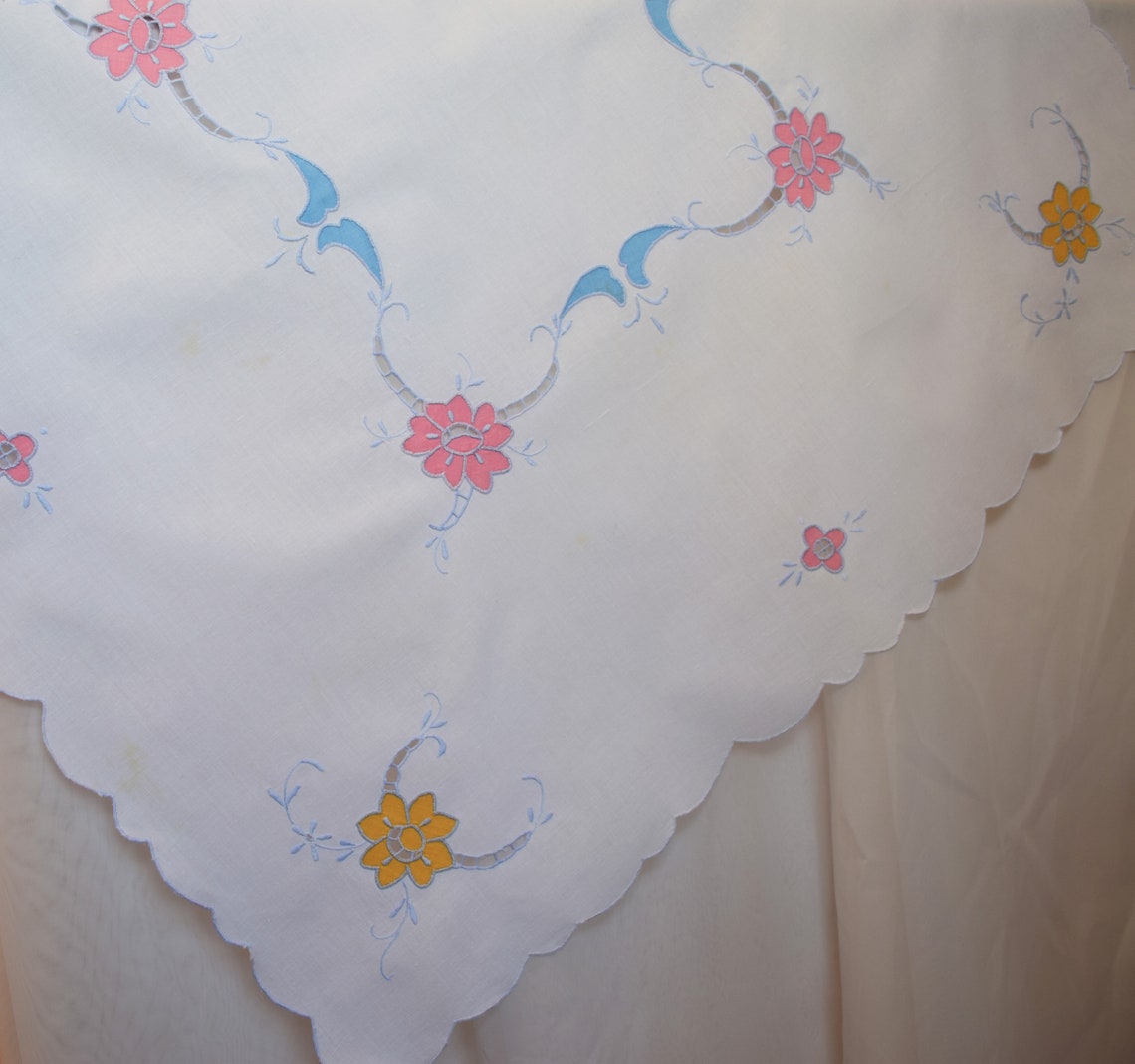 Appliqued Cutwork Tablecloth Bright Pastel Flowers Pink Blue - Etsy