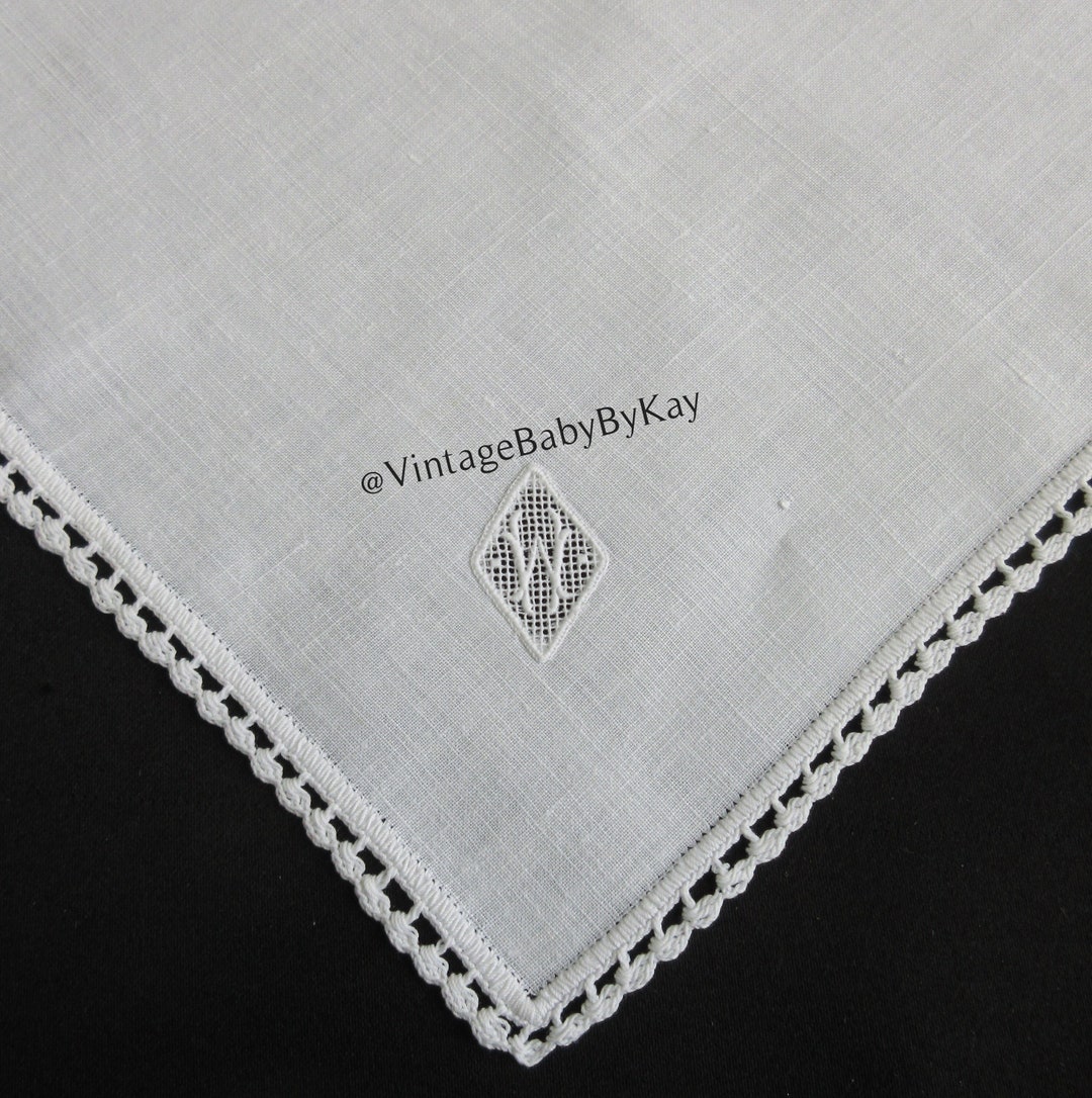 W Monogram Vintage White Linen Hanky With Crochet Lace, Initial W ...