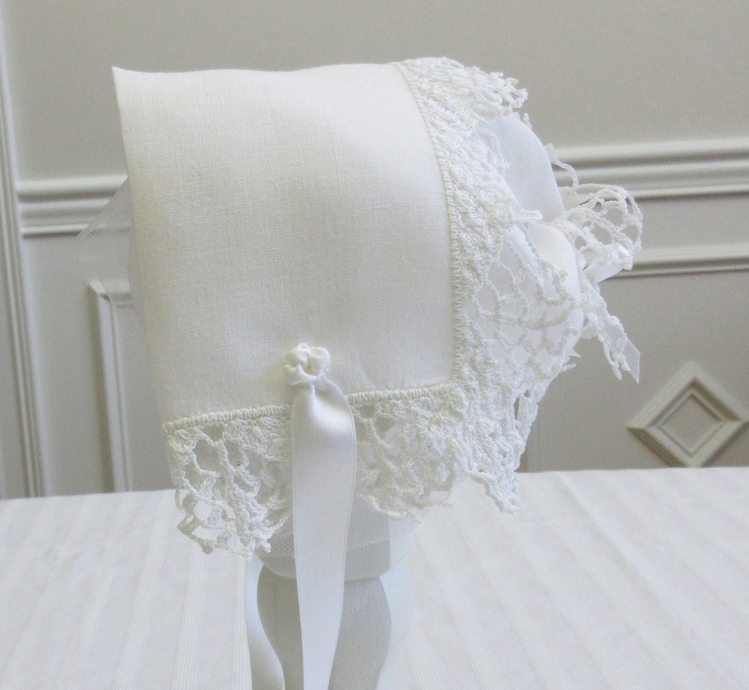 Large Heirloom Hanky Bonnet White Linen With Wide Crochet Christening ...