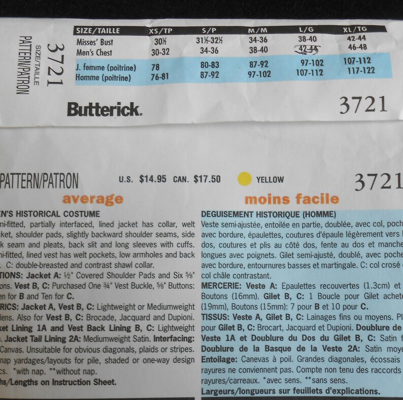 Butterick Pattern 3721 Size L-XL Men's Victorian Costume - Etsy