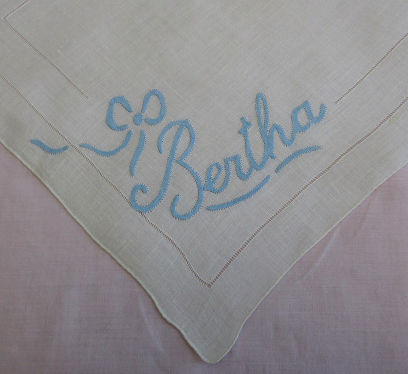 Bertha Monogram Vintage White Linen Wedding Hanky, Blue Madeira ...