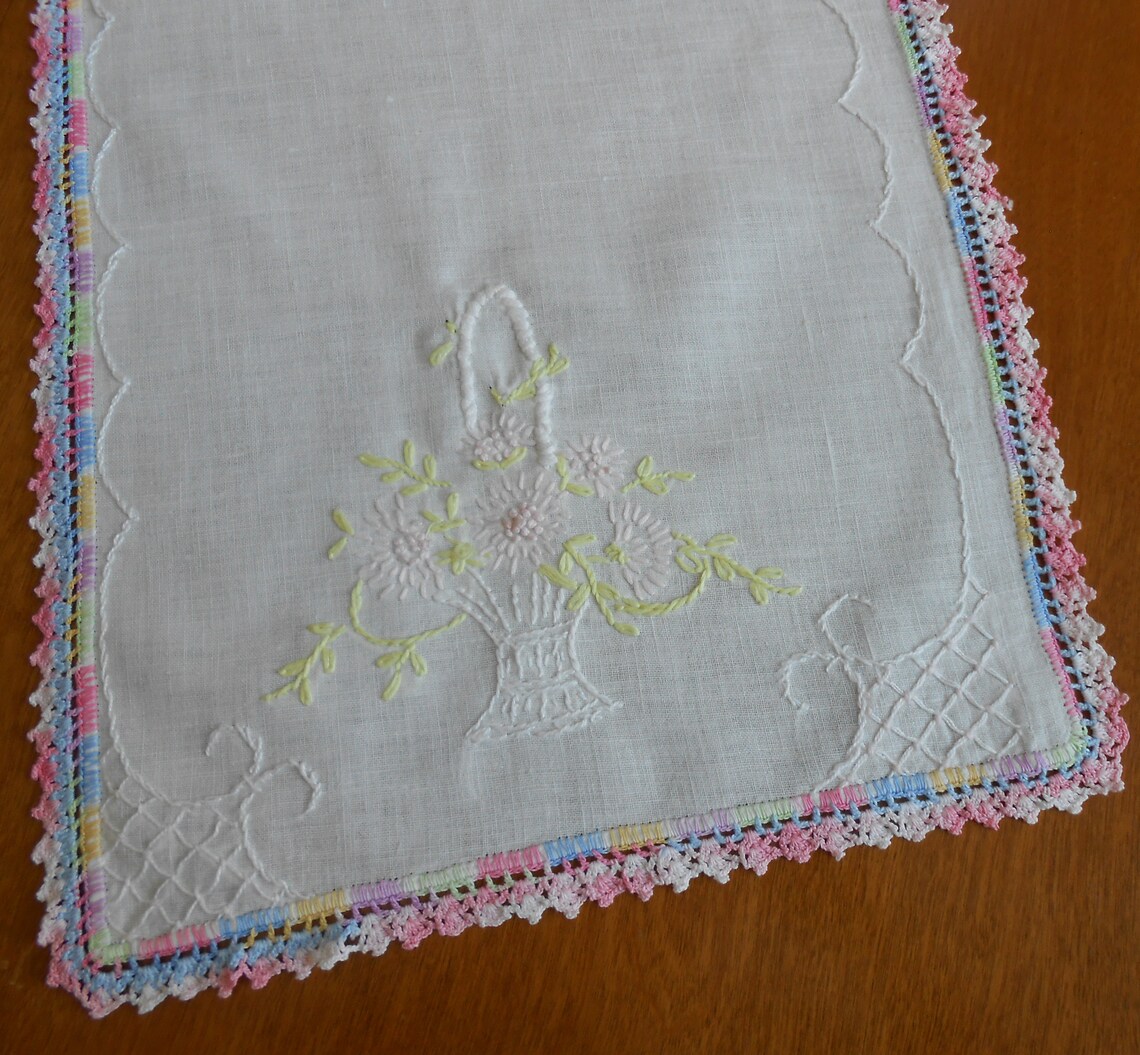 Embroidered Table Runner Vintage Hand Embroidery Pink Green on | Etsy