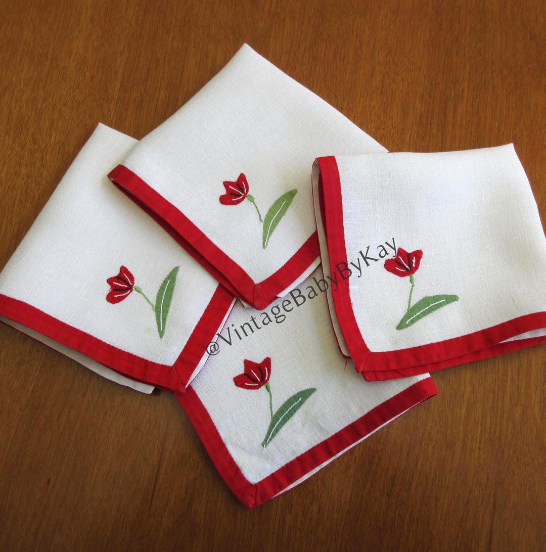 Linen Napkin Set of 4 With Red Border and Red Green Floral Applique ...