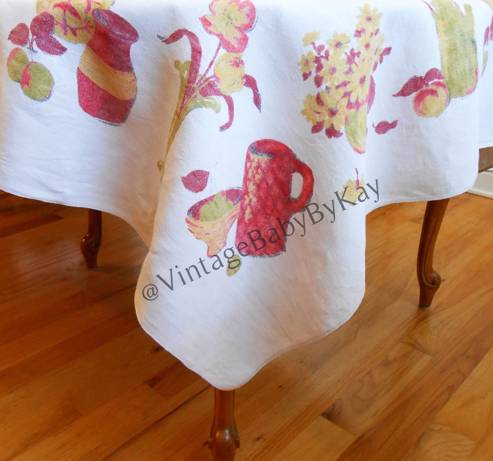 Linen Tablecloth Red Gold and Green Print on Ivory Linen - Etsy
