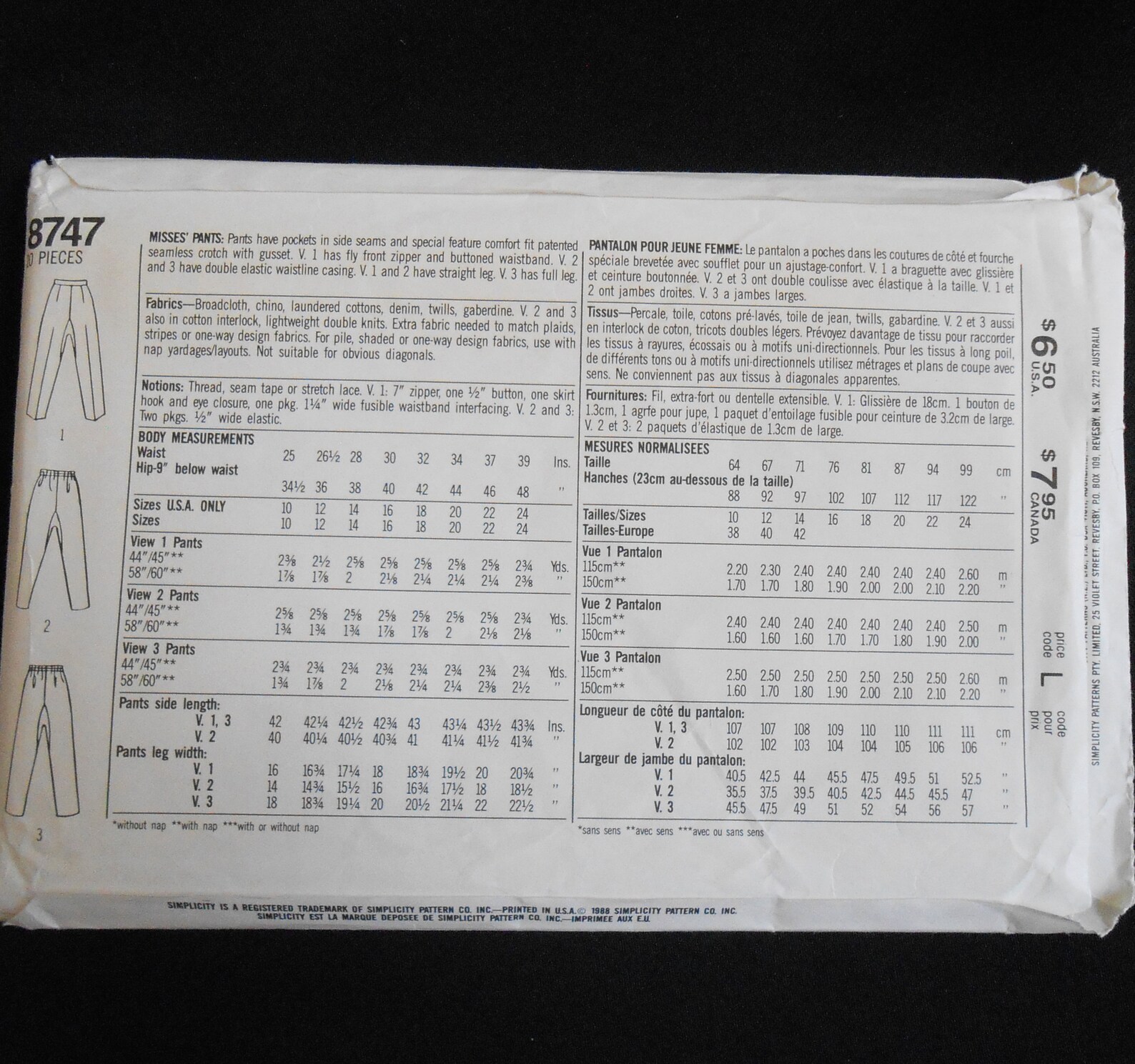 Simplicity 8747 Pants in 3 Styles Long Slacks W Pockets & - Etsy