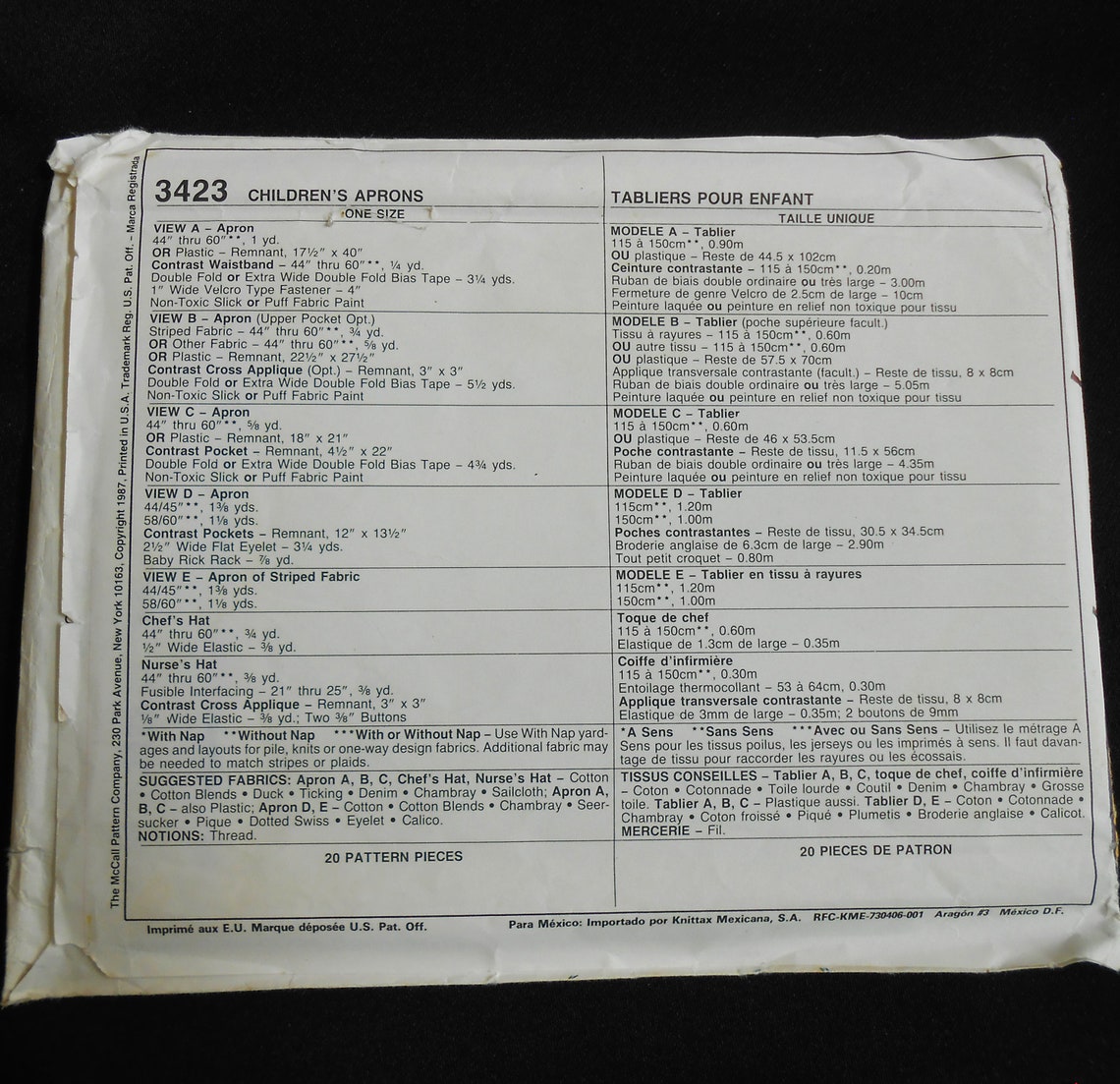 Mccall 3423 Apron in 3 Styles Child One Size Uncut Sewing - Etsy