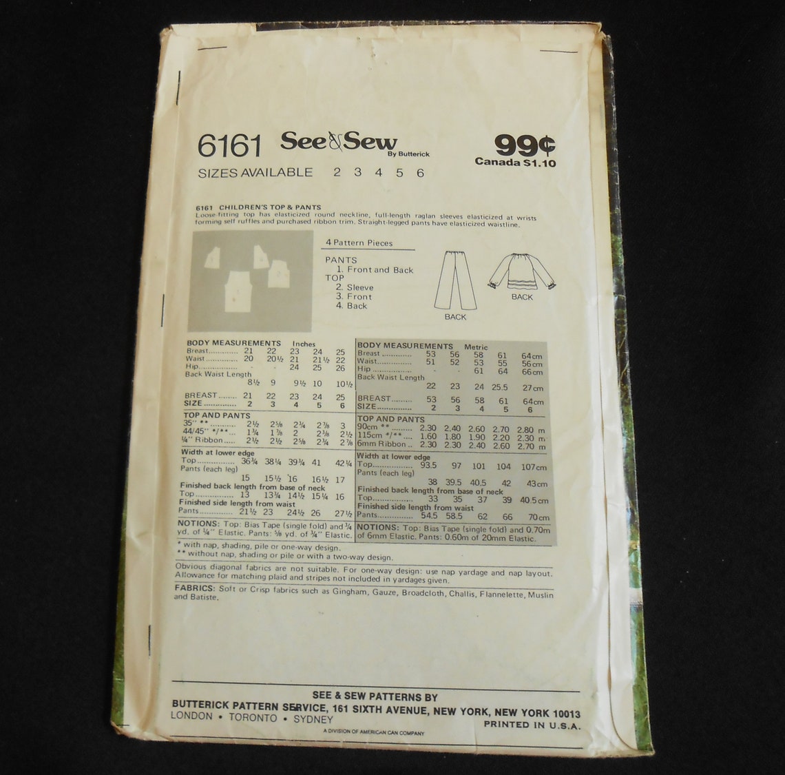 Butterick See & Sew 6161 Pattern Girl Peasant Top and Pants - Etsy