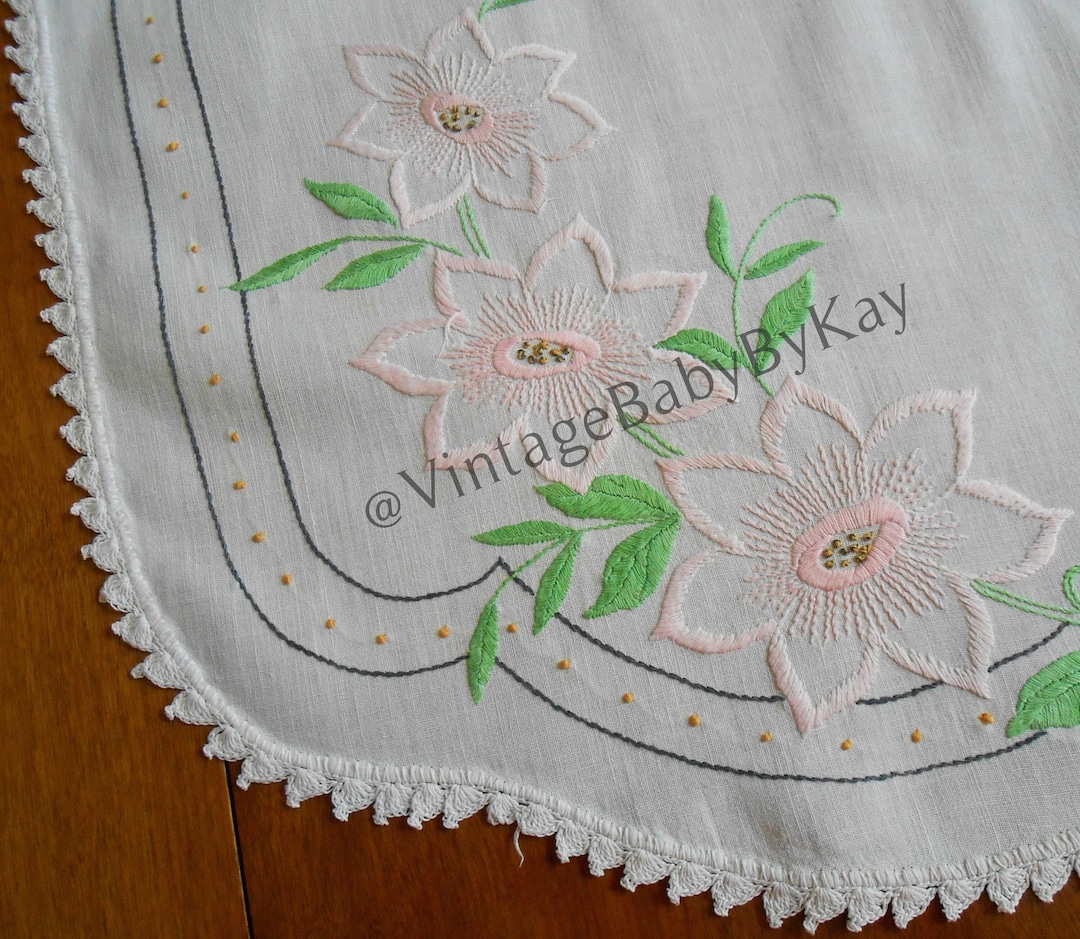 Floral Embroidery Table Runner Vintage Hand Embroidered Pink - Etsy