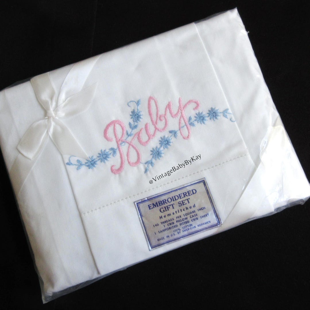Embroidered Baby Pillowcase With Crib Sheet, All Cotton Set in Original ...