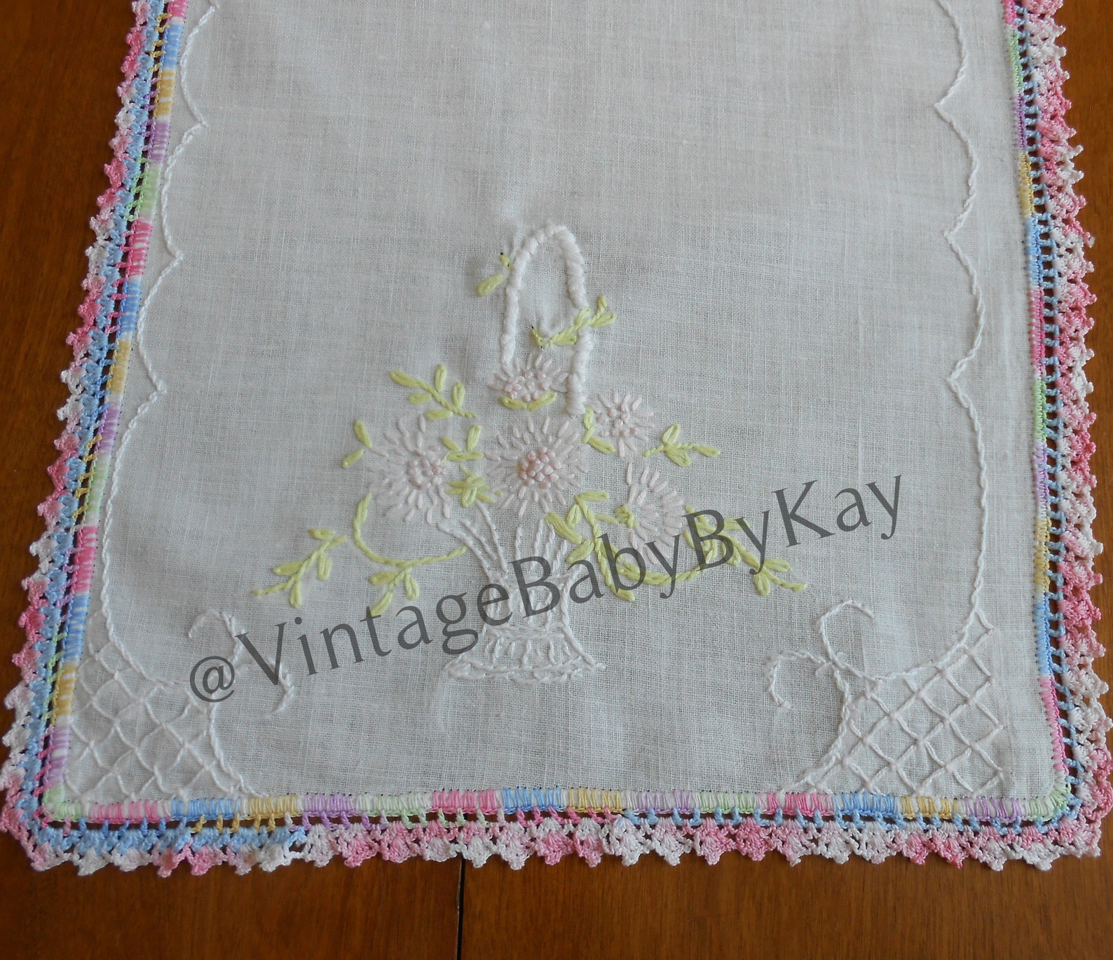 Embroidered Table Runner Vintage Hand Embroidery Pink Green on | Etsy