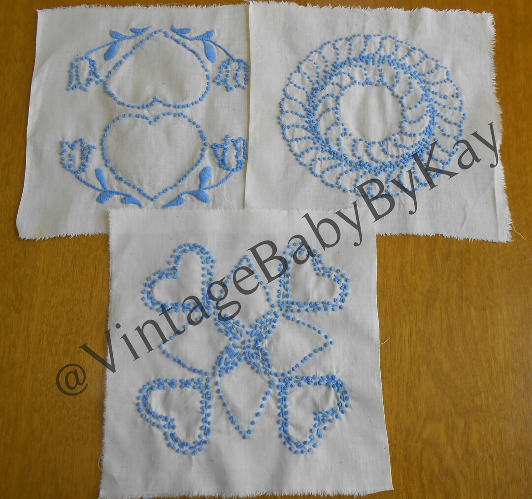 Embroidered Quilt Squares or Pillow Tops, Turquoise Teal Blue ...