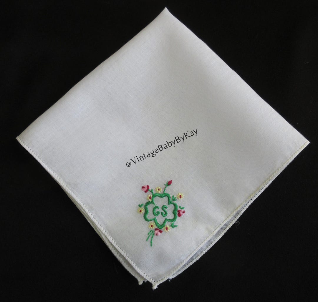 Girl Scout Handkerchief W Trefoil Shape Motif, Embroidery Green Pink ...