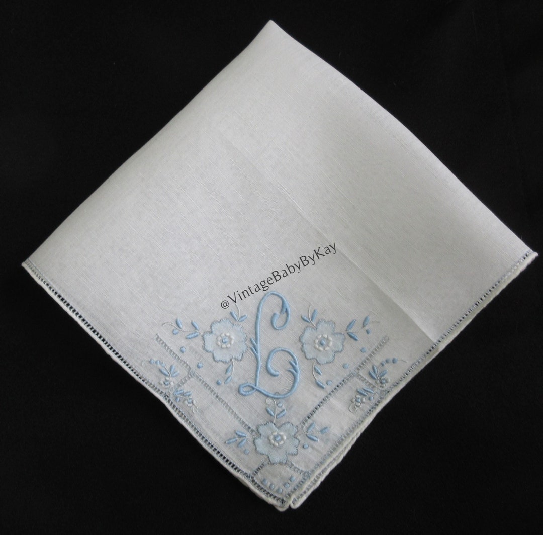 L Monogram Vintage White Wedding Hanky Blue Embroidery Madeira Style ...