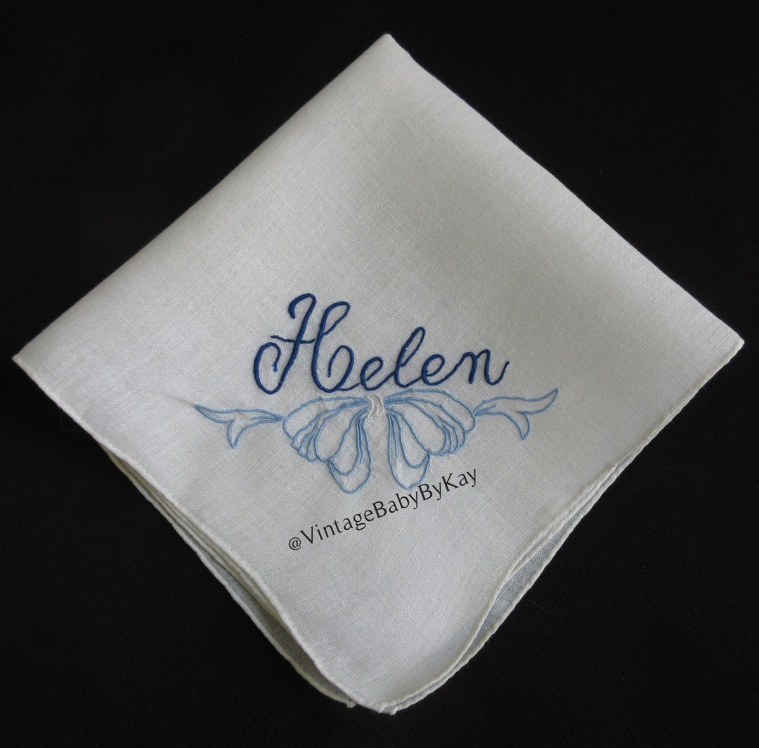 Helen Monogram Hanky Vintage Handkerchief White Linen With Blue ...