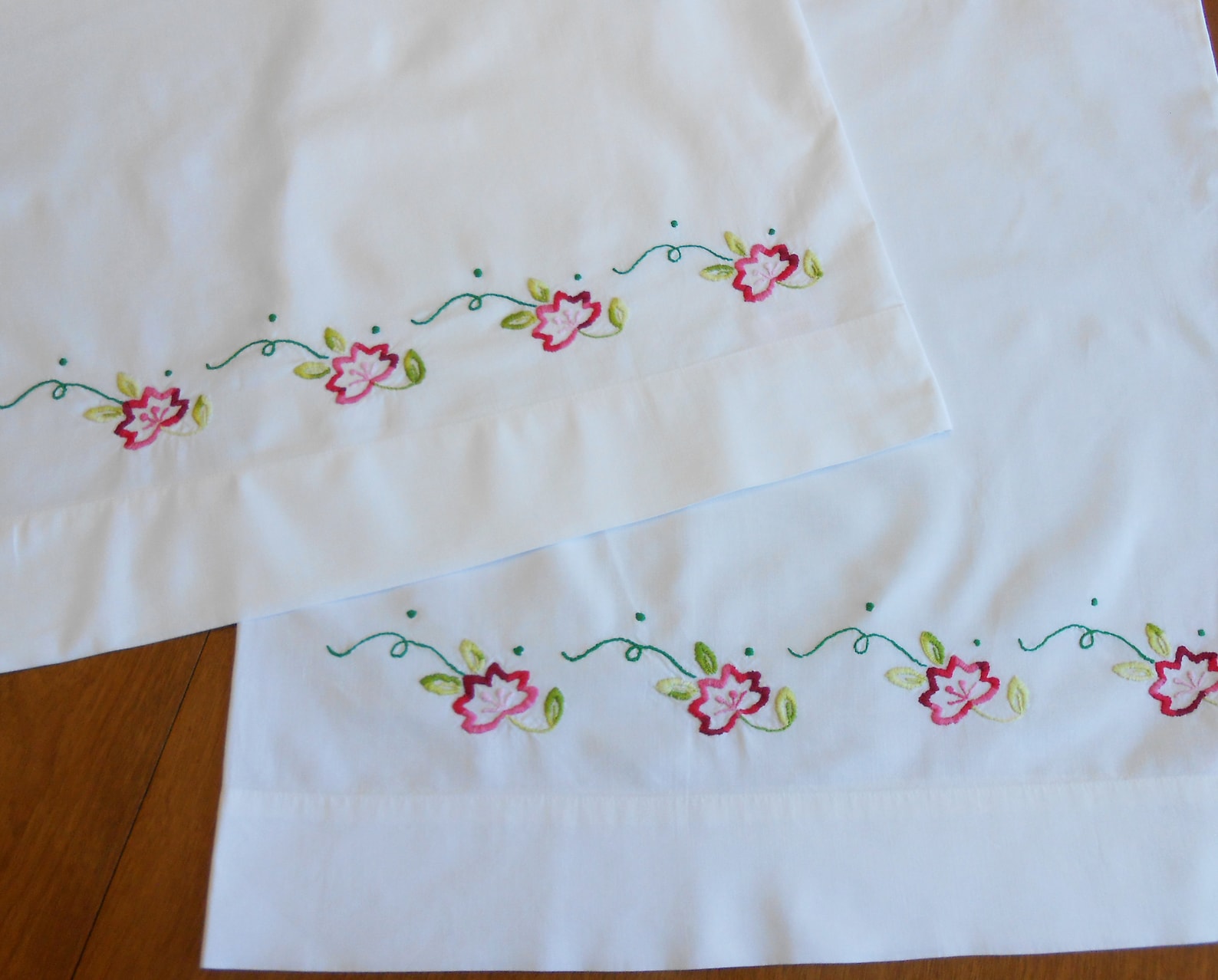 Pillowcase Pair Bright Colorful Floral Hand Embroidery Elegant | Etsy