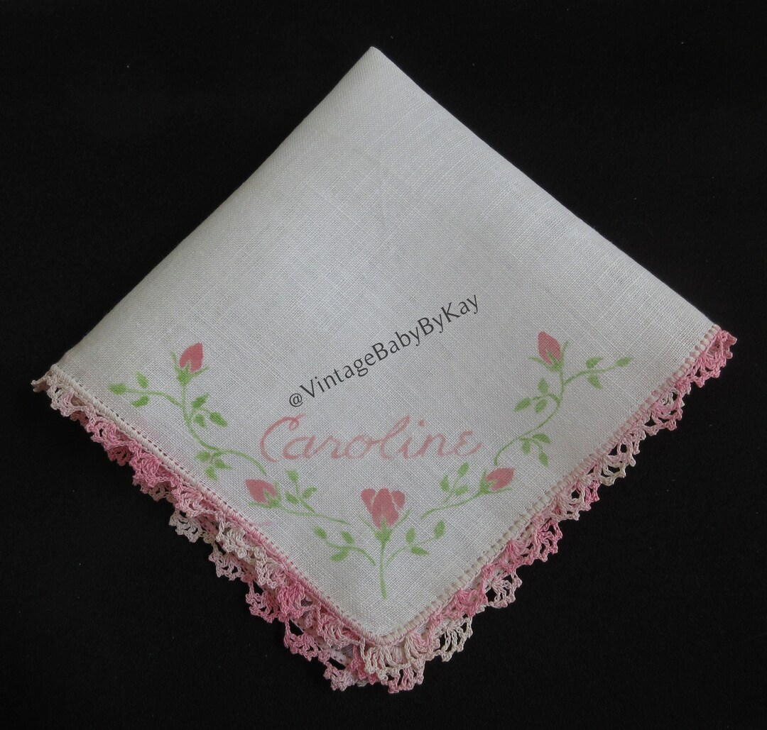 Caroline Monogram Print Hanky Vintage White Handkerchief Pink Floral ...