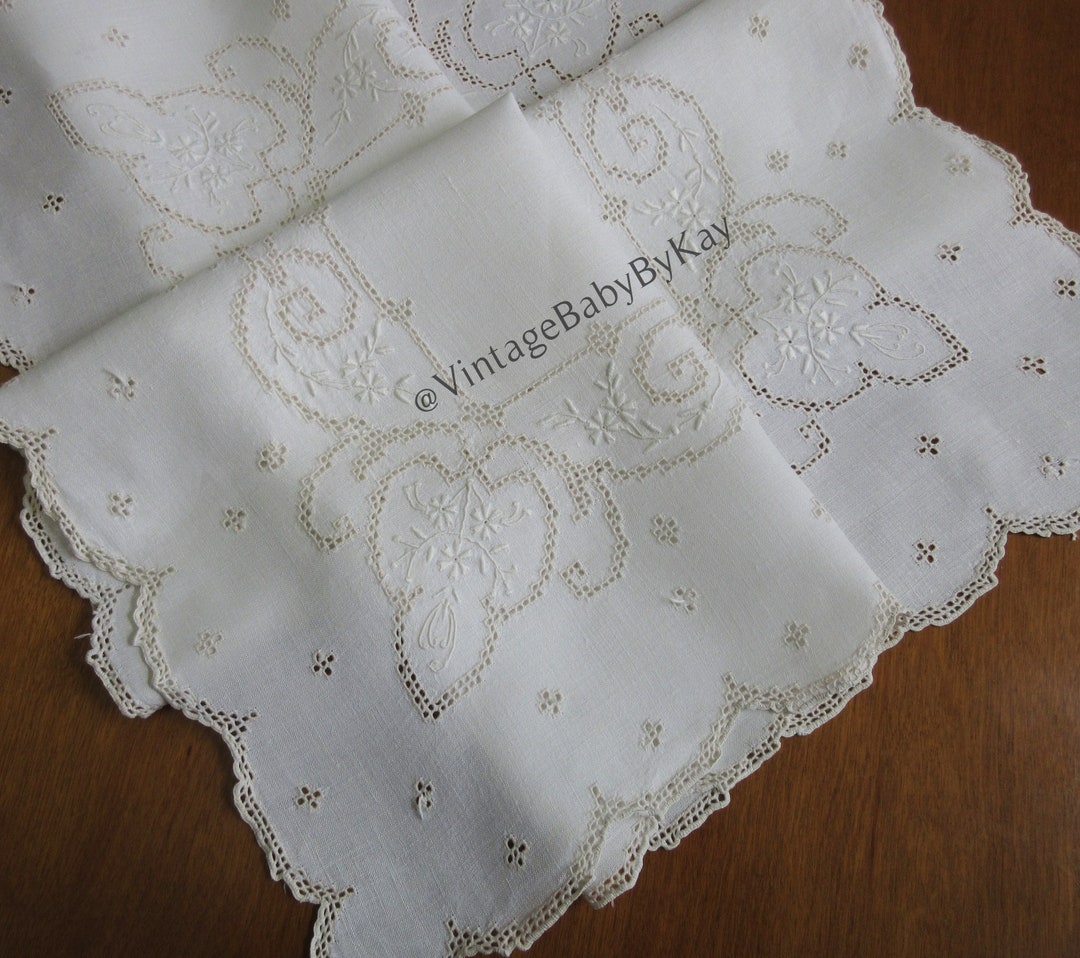 Cream Linen Tablecloth With Lavish Hemstitching and Embroidery ...