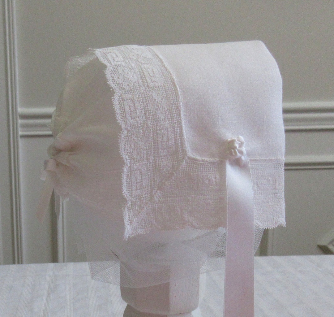 Heirloom Hanky Bonnet White Linen With Wide Lace in Greek Key Design ...