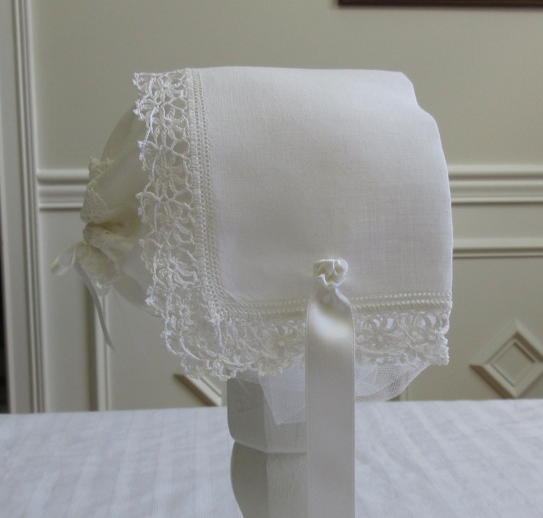 Large Heirloom Hanky Bonnet White Linen With Floral Crochet Christening ...