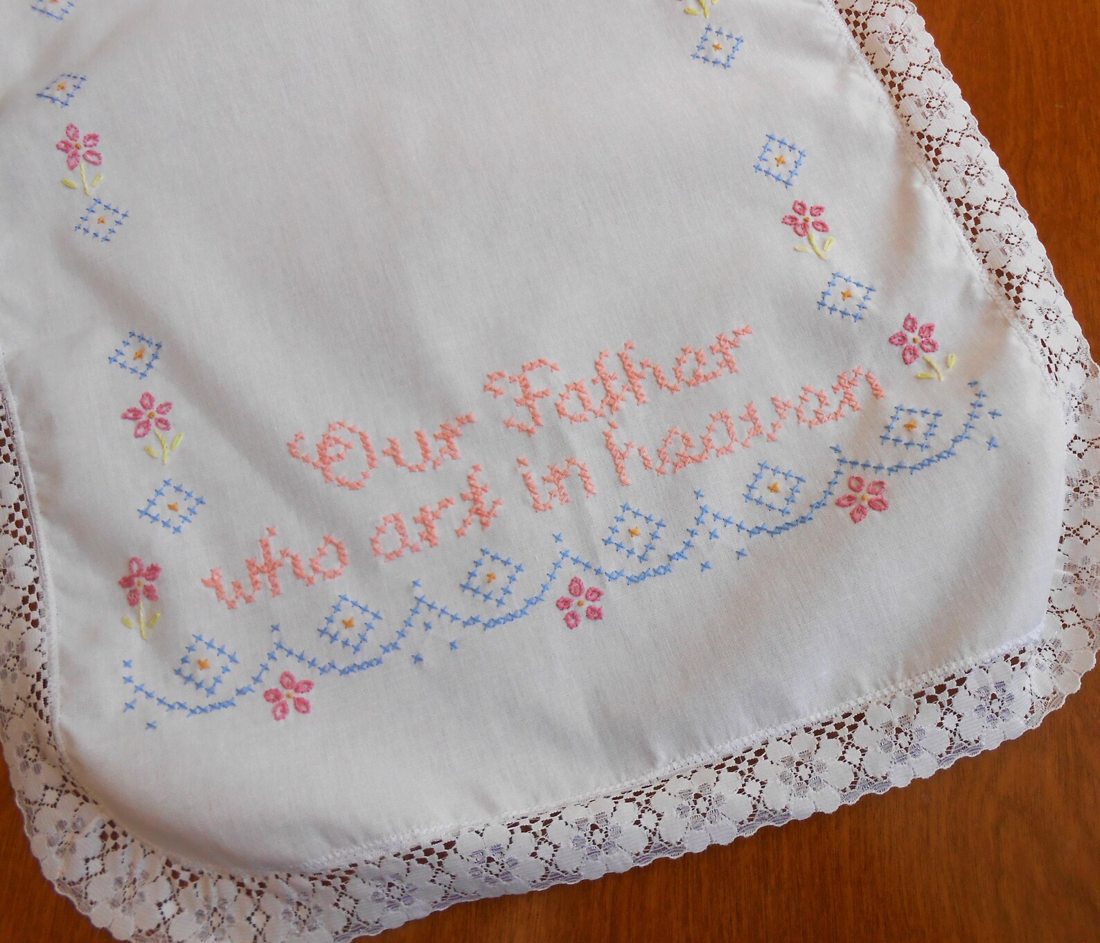 Lord's Prayer Runner Hand Embroidered Vintage Table Runner With Lace ...