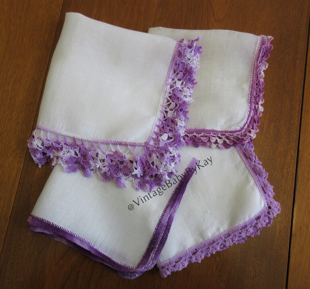 Vintage Hankies With Purple Crochet, Lot of 4 Linen Hankies, Bridesmaid ...