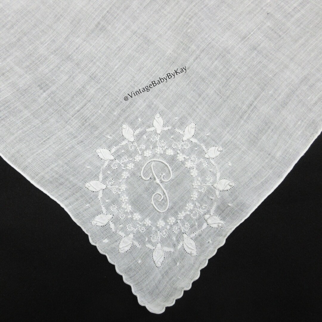 P Monogram Hanky White Linen With Rosebud Embroidery, Personalized ...