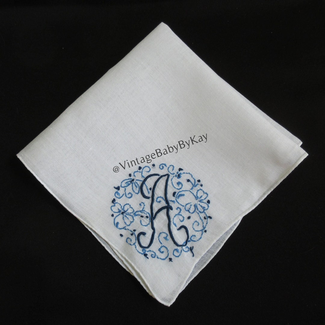 A Monogram Hanky Blue Embroidery on White Linen Wedding Handkerchief ...