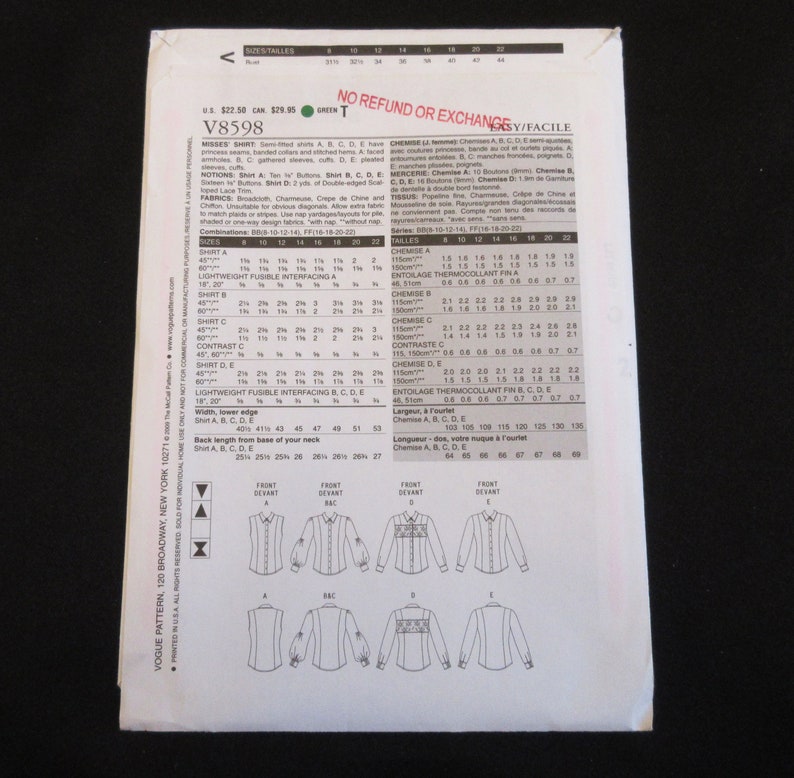 Vogue 8598 Size 16-18-20-22 Vogue Basic Design Sewing Pattern - Etsy