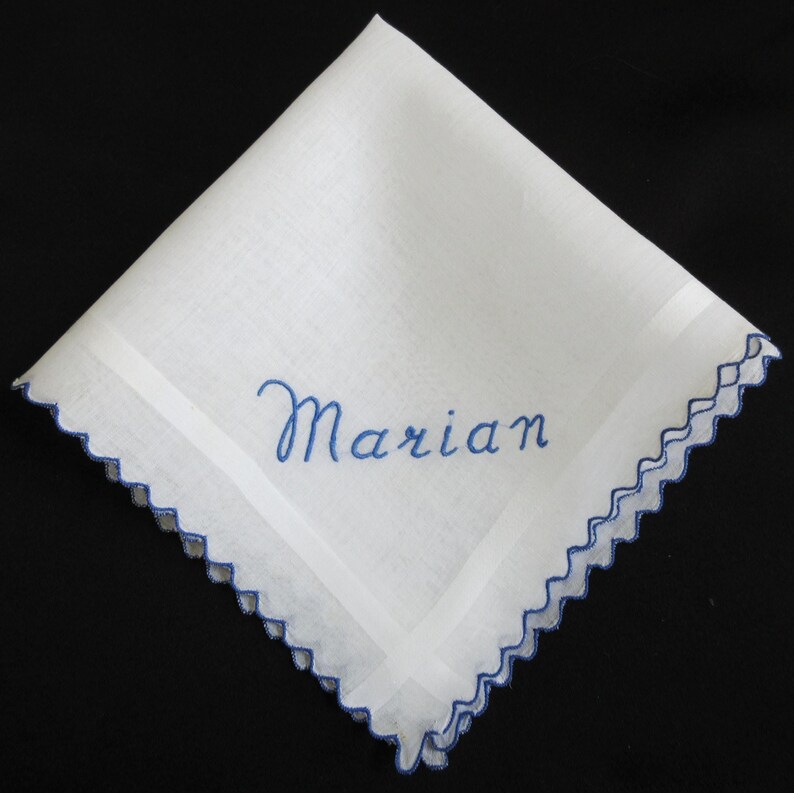 Marian Monogram Hanky, Vintage Embroidered Name on White Cotton ...