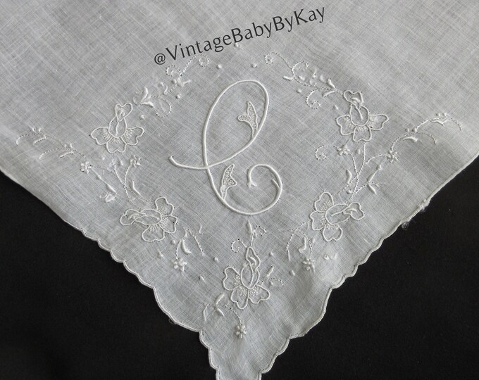 C Monogram Vintage White Linen Hanky, Embroidered Wedding Handkerchief ...