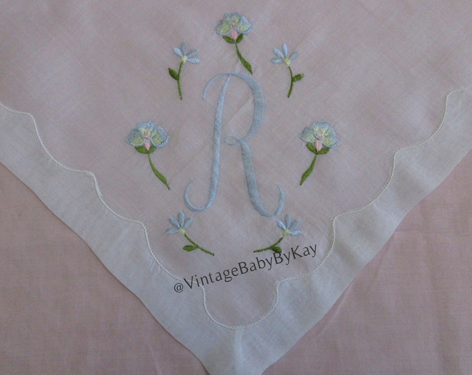 R Monogram Vintage White Hanky Pale Blue Embroidery, Fancy Applique ...