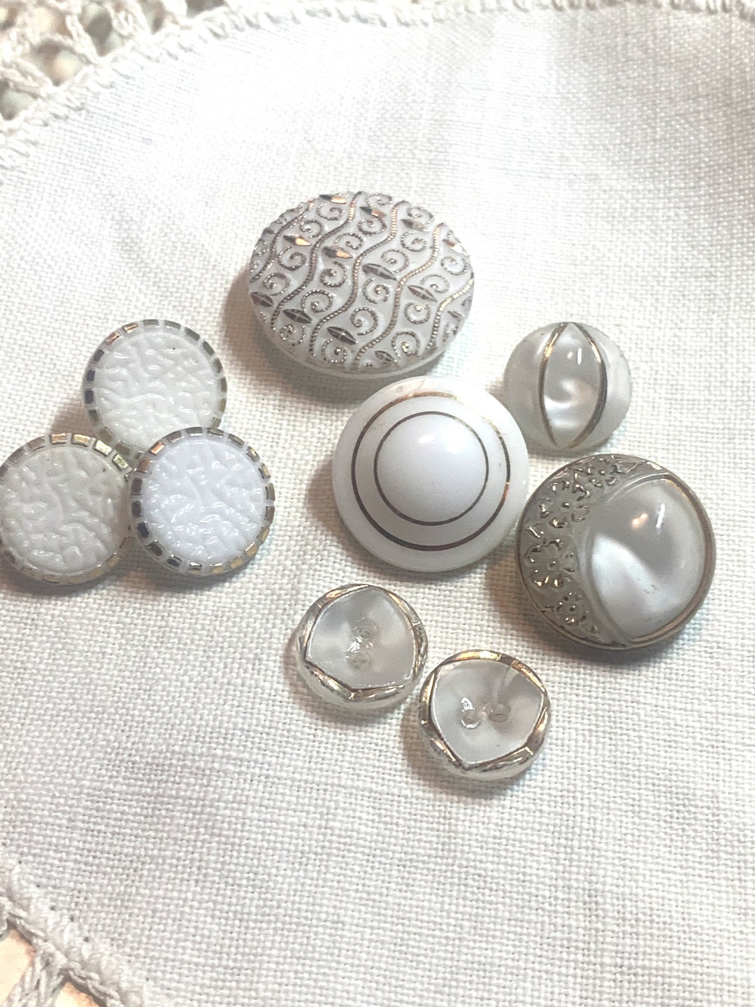 9 Assorted White With Gold Accent Glass Buttons Textured, Moon Glow--shanks, and 2-hole ~ 7/16 ...