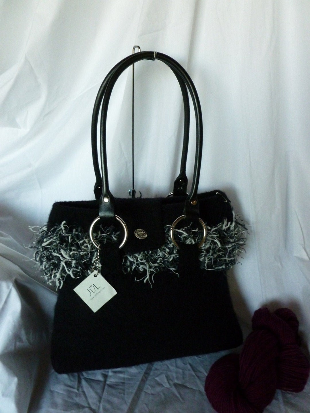 Felted Purse, Black Hand Knit Felted Purse With Black Rolled Leather ...