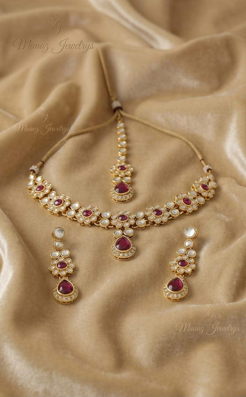 Ruby Red Gold Tone Bridal Jewelry Set, Necklace, Earrings, Maang Tikka ...