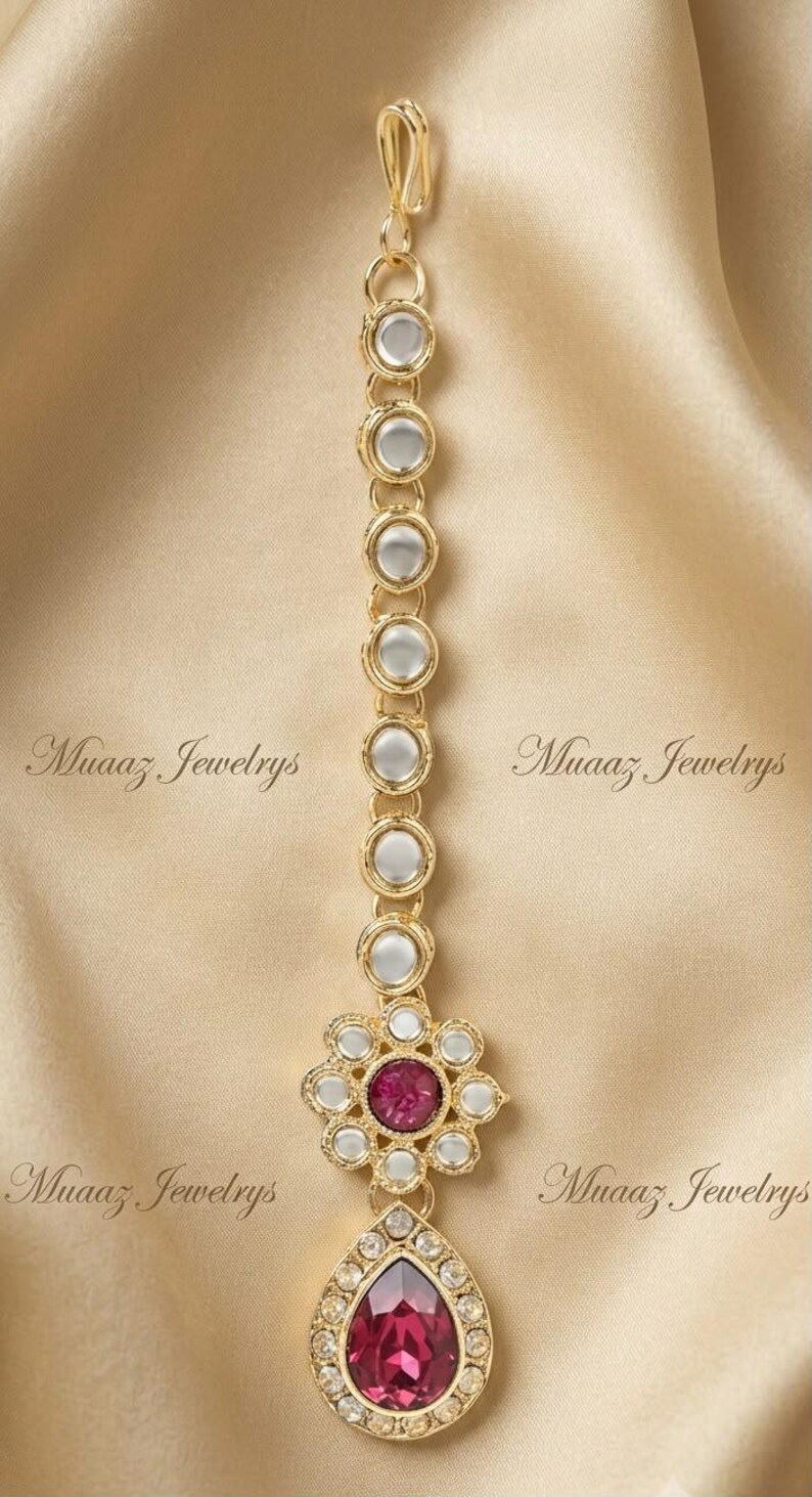 Ruby Red Gold Tone Bridal Jewelry Set, Necklace, Earrings, Maang Tikka ...