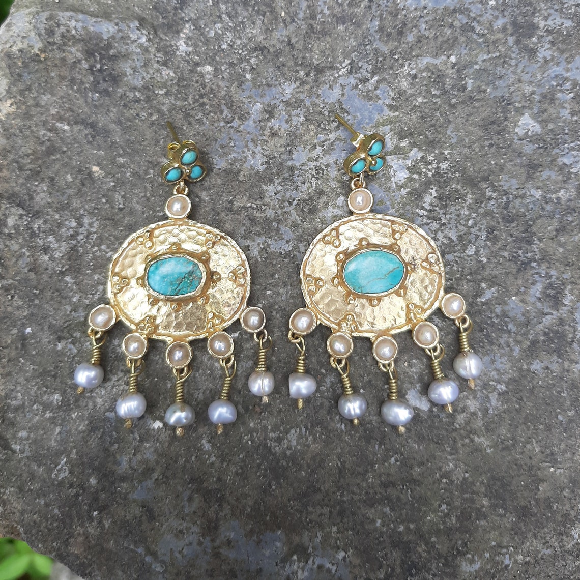 Pendientes de joyería turca gema turquesa perla 24k oro - Etsy España
