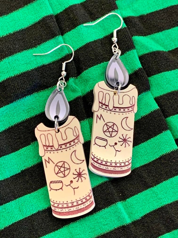 Black Flame Candle Hocus Pocus Halloween Acrylic Dangle Earrings - Etsy