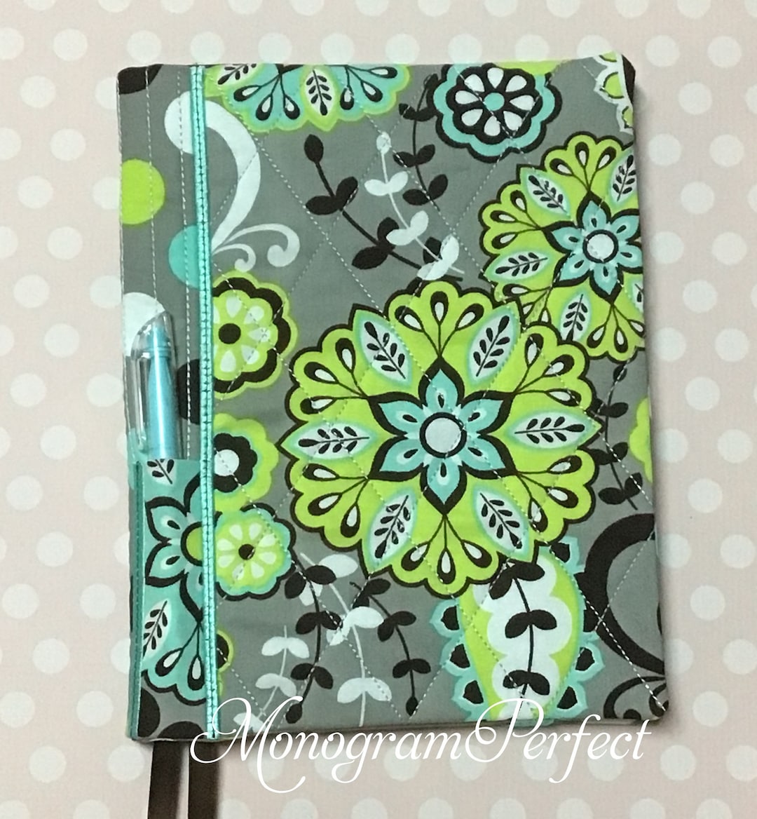Gray, Lime Green, and Aqua Floral Fabric Composition Reusable Notebook ...