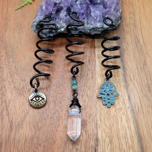 Set of 3 Black Hair Spirals, Crystal Quartz Hair Spiral, Hamsa Hand ...